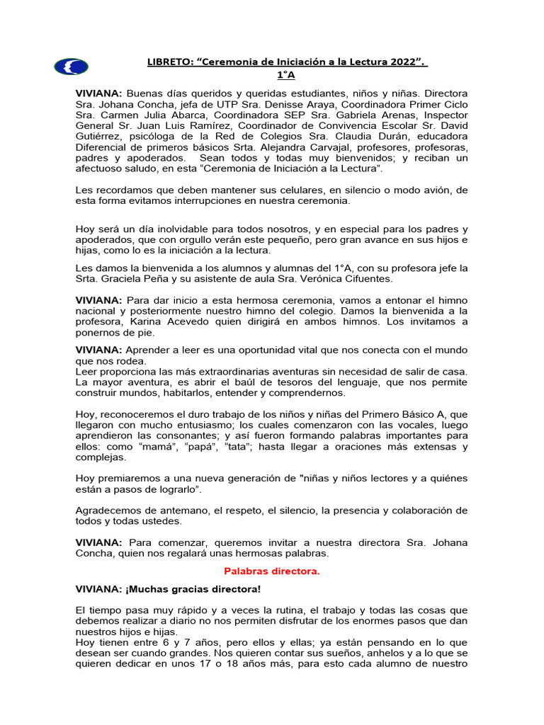 LIBRETO Final 1°A Ceremonia de La Lectura | PDF | Estudios de idiomas ...