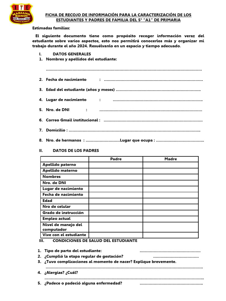 FICHA DE RECOJO DE INFORMACIÓN 5to GRADO | PDF