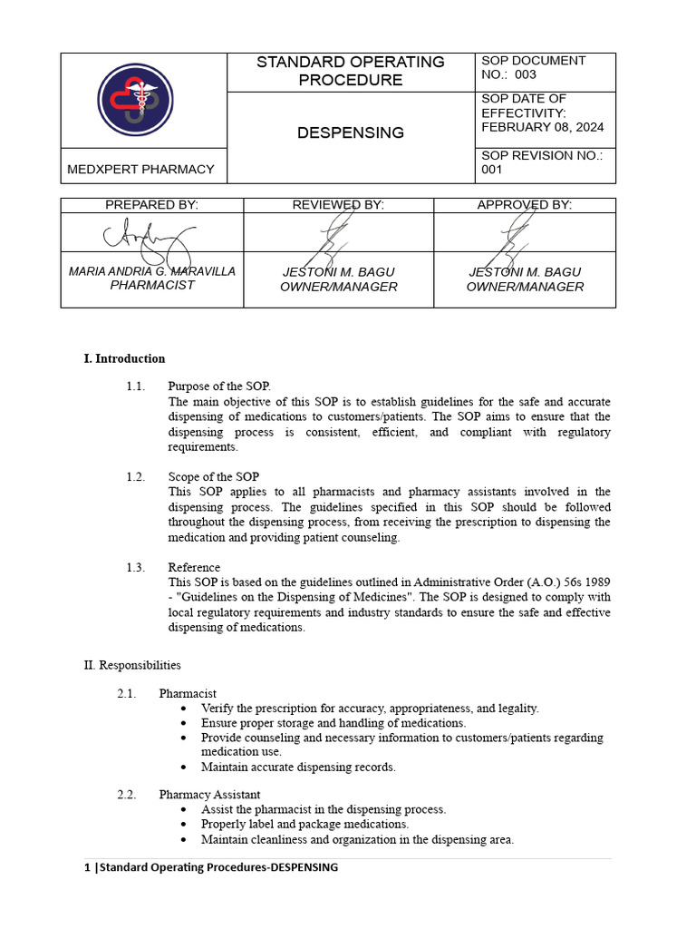 SOP Dispensing | PDF | Medical Prescription | Pharmacy