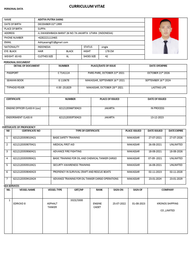 Cv. - Aditya Putra Saing | Download Free PDF | Ship Types | Merchant Navy