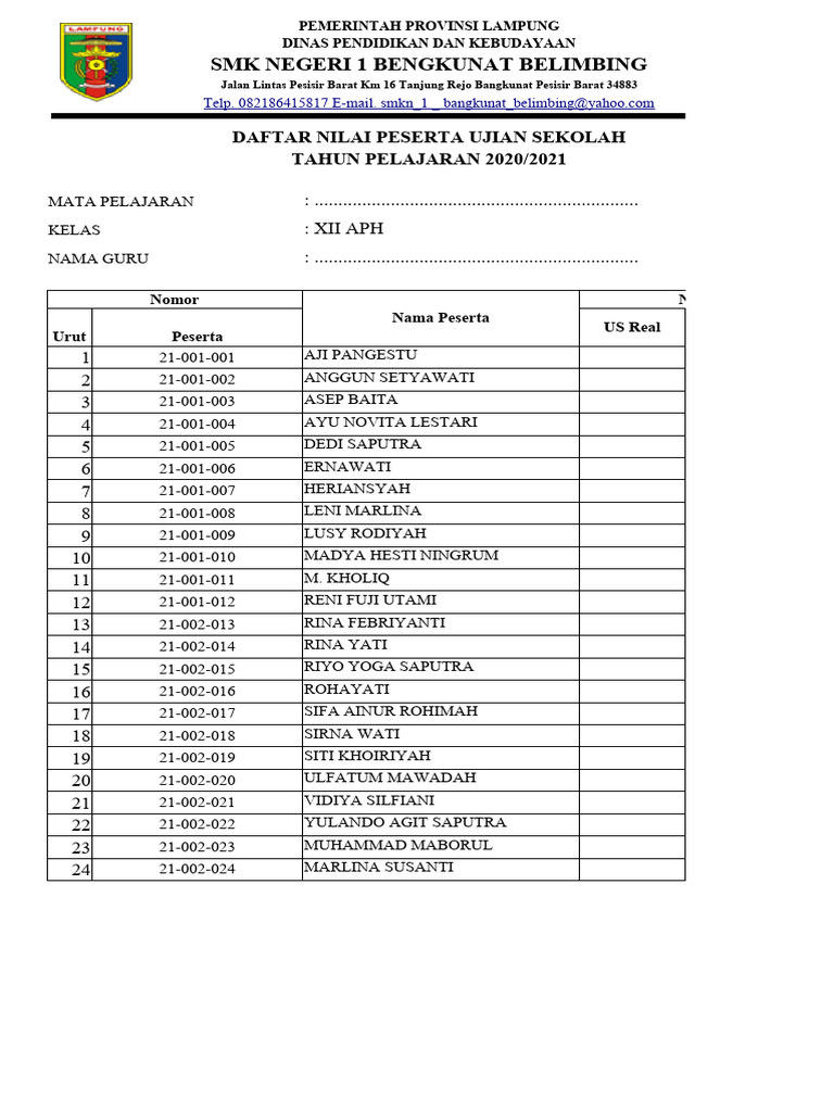 Format Daftar Nilai Per Kelas Ok | PDF