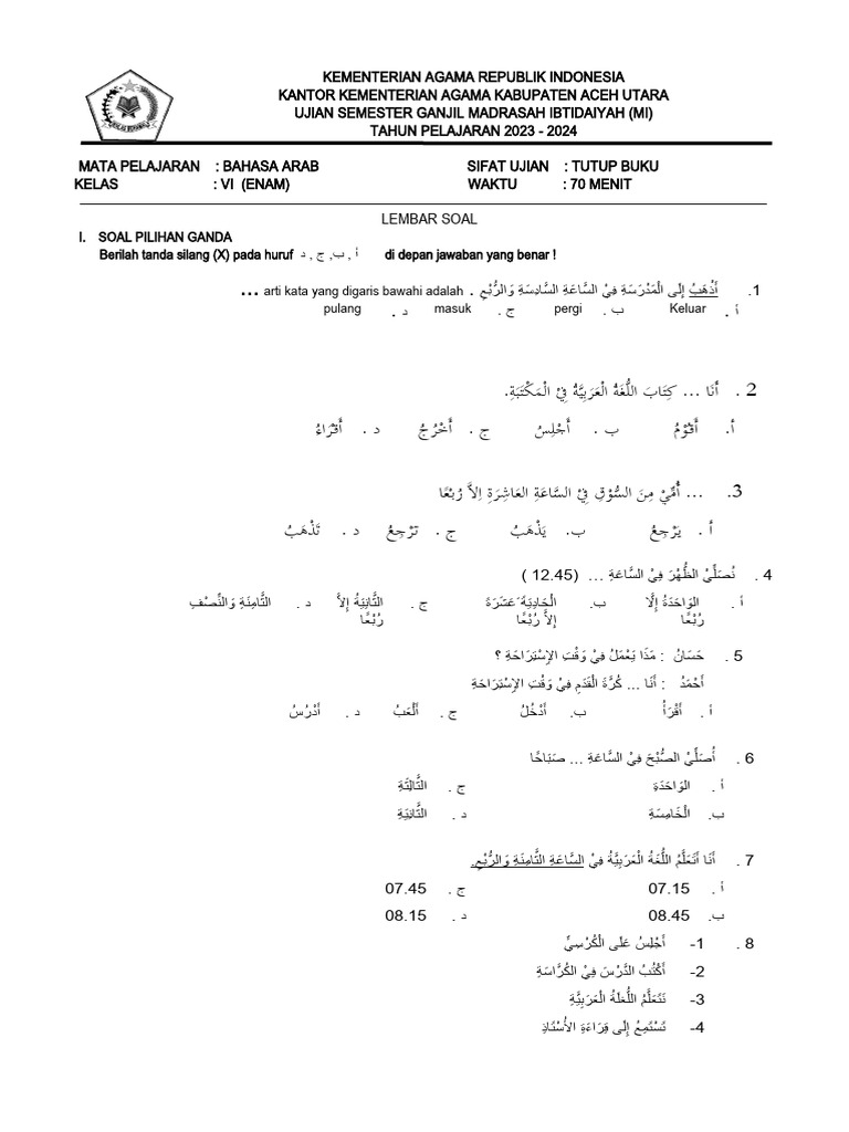 Soal Ujian Bahasa Arab Kelas 6 | PDF