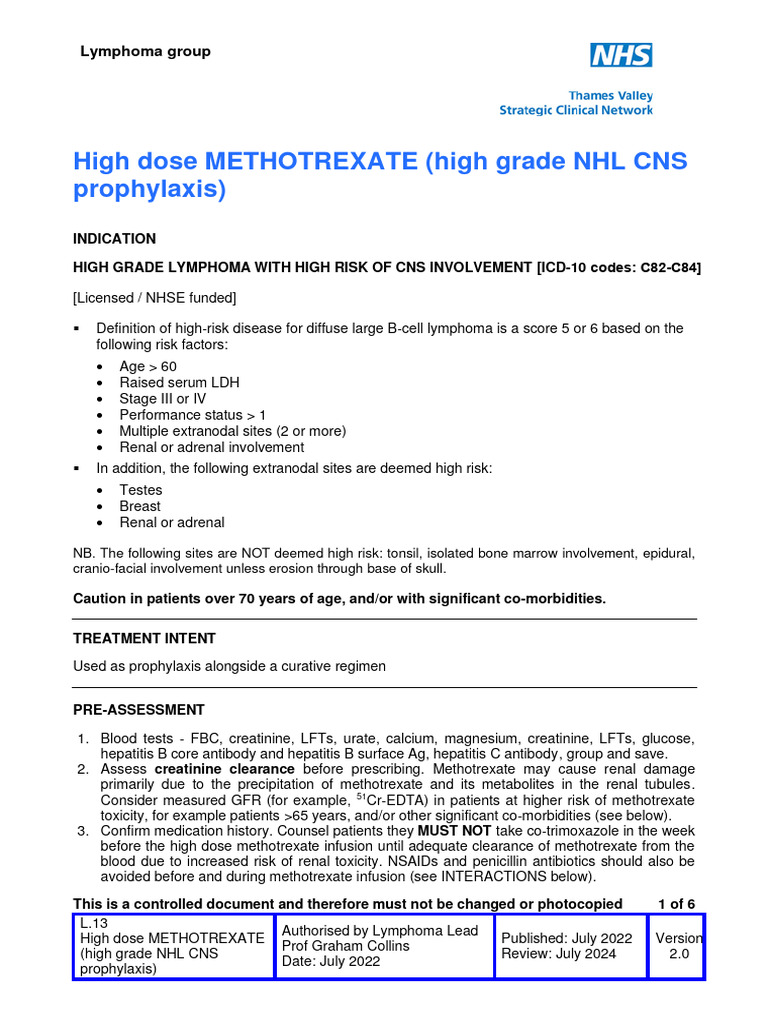 High-Dose Methotrexate Protocol for CNS Lymphoma | PDF | Intravenous ...