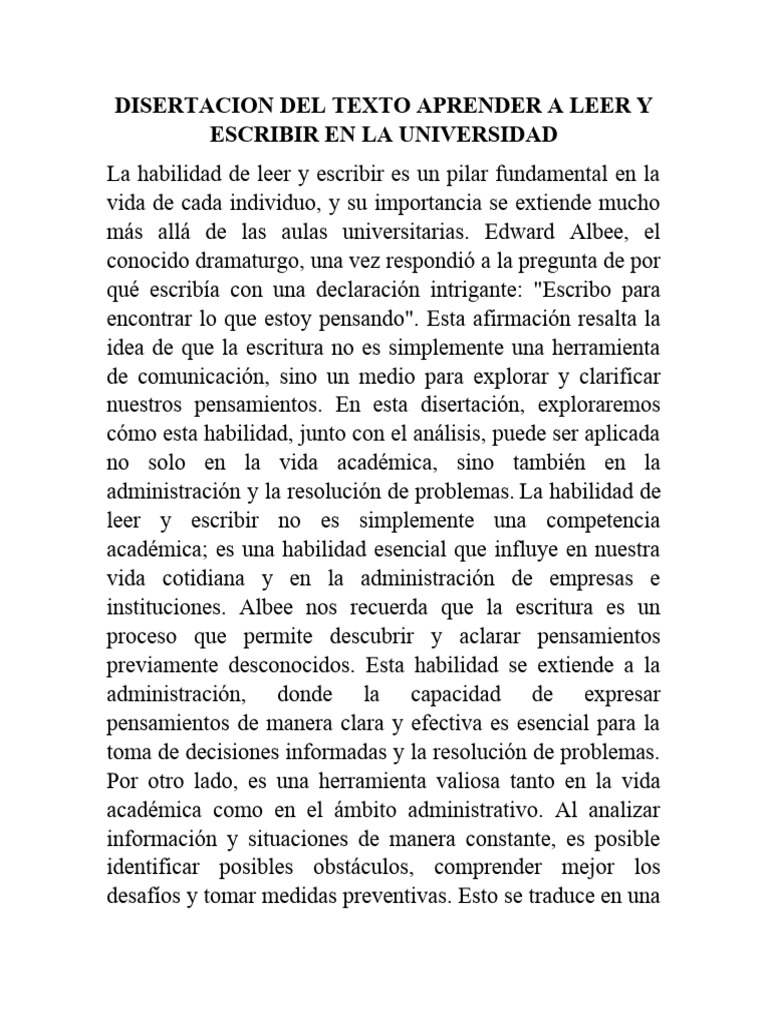 Disertacion Del Texto Aprender A Leer y Escribir en La Universidad | PDF | Toma de decisiones ...