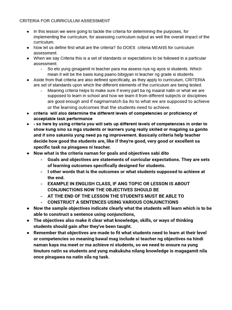 Criteria For Curriculum Assessment 1 | PDF | Goal | Reading Comprehension