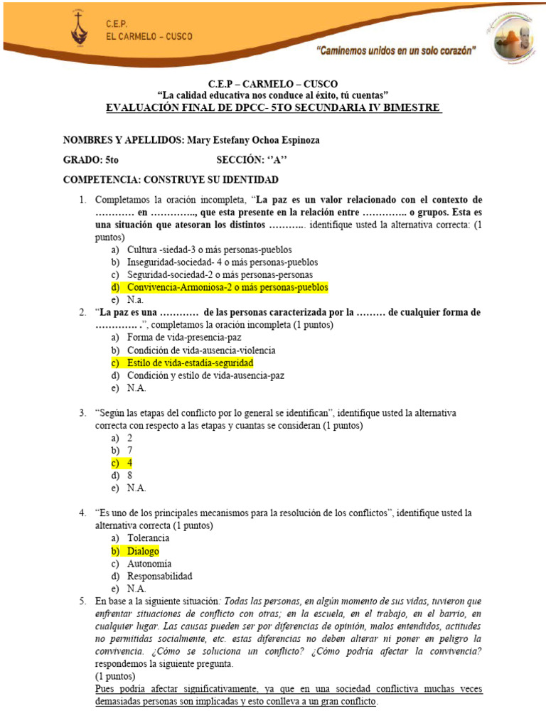 Evaluacion Del IV Bimestre DPCC 5to Diciembre | PDF | Constitución | Perú