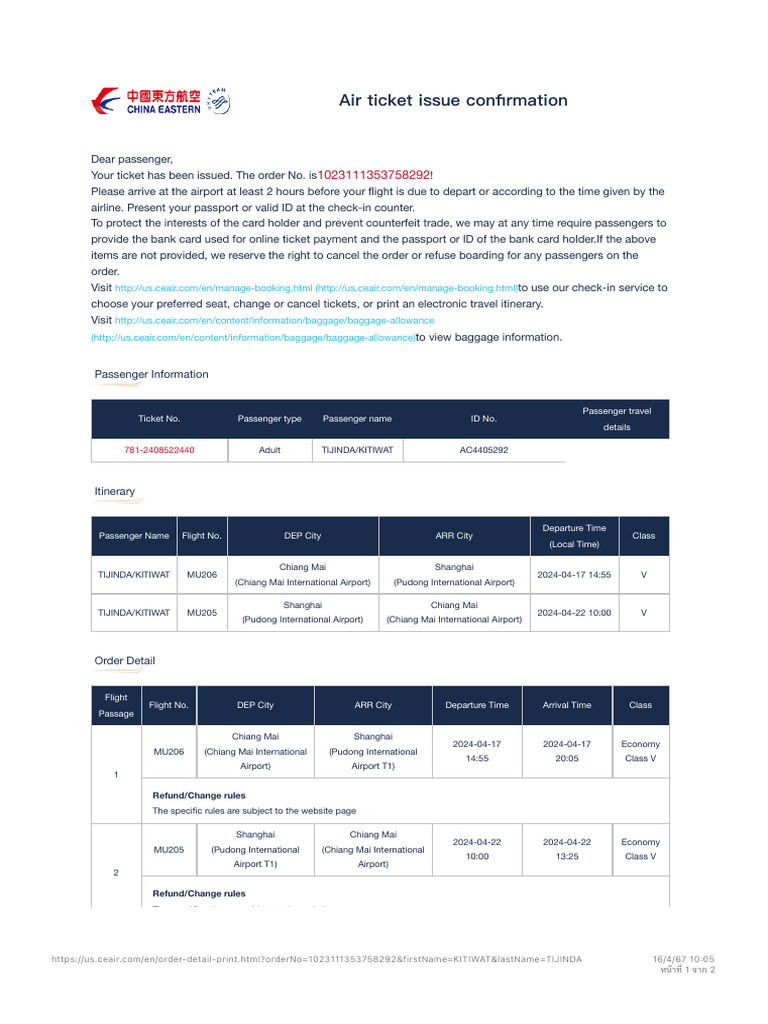 China Eastern Airlines Ticket Details | PDF | Airport | Transport