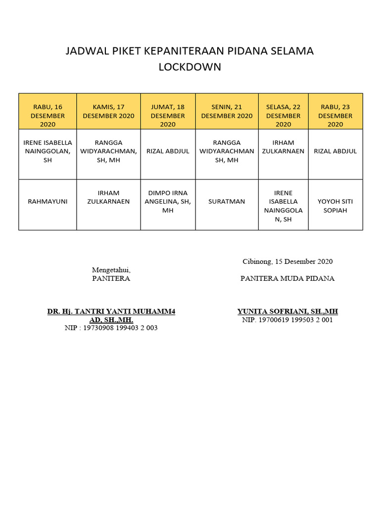 Jadwal Piket Kepaniteraan Pidana Selama Lockdown | PDF