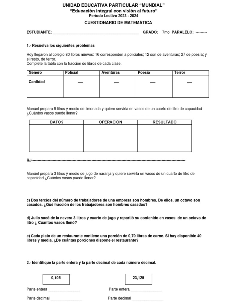 CUESTIONARIO MATEMÁTICA 7mo | PDF | División (Matemáticas) | Números