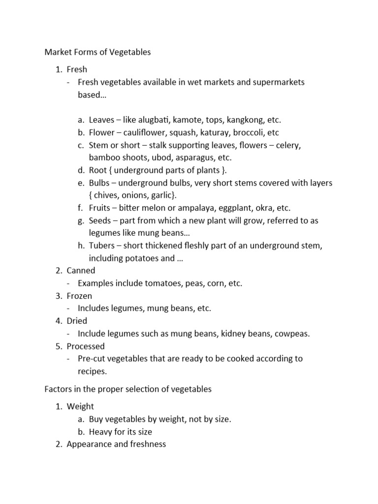 Market Forms and Selection of Vegetables | PDF | Vegetables | Bean