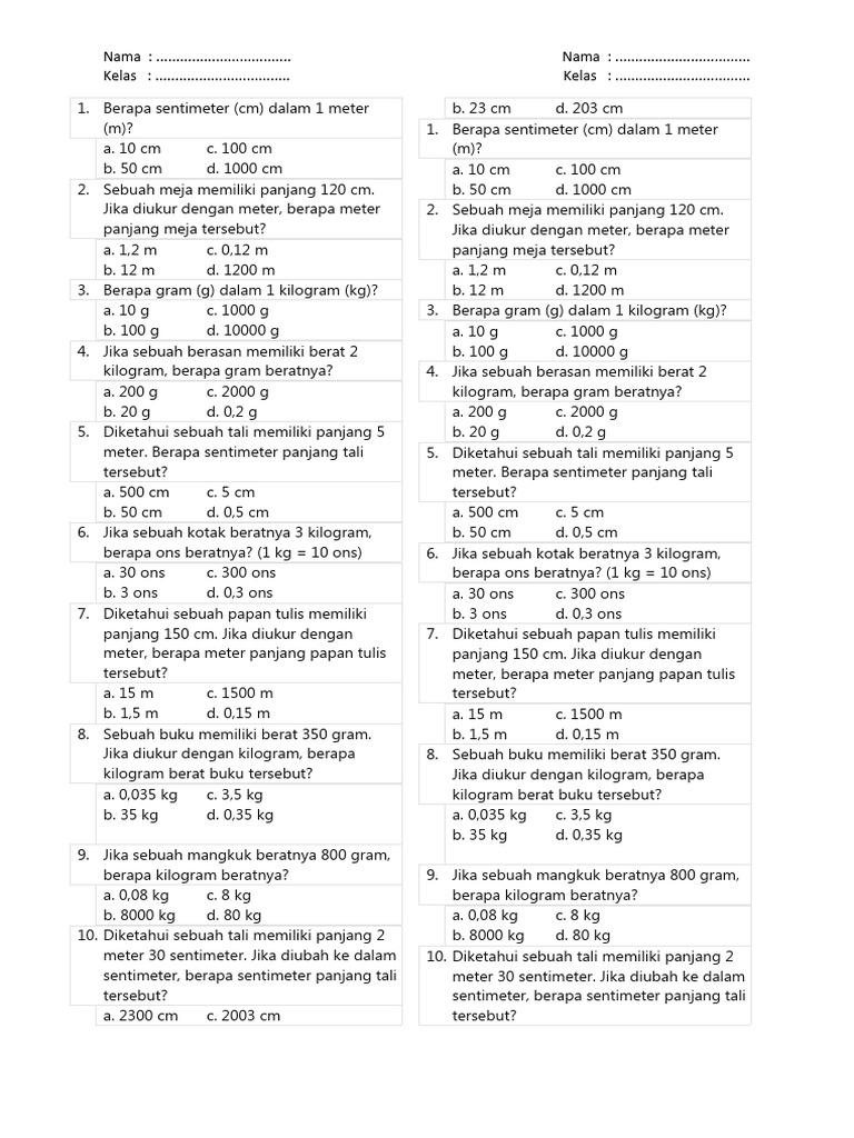 Soal Pengukuran Panjang Dan Berat Kelas 4 | PDF