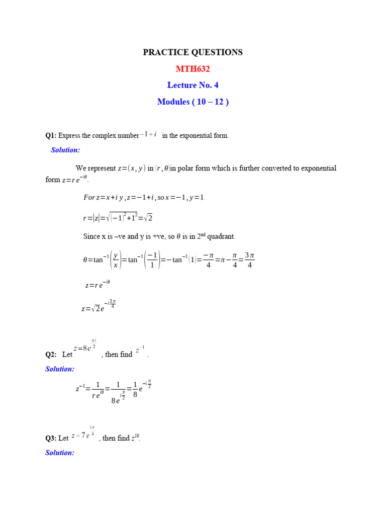 Complex Numbers Practice Questions | PDF | Complex Analysis | Mathematical Analysis