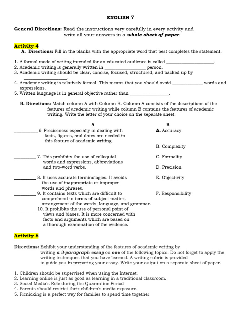 English 7 - Worksheet - Q4 - W1 | PDF | Essays | Writing