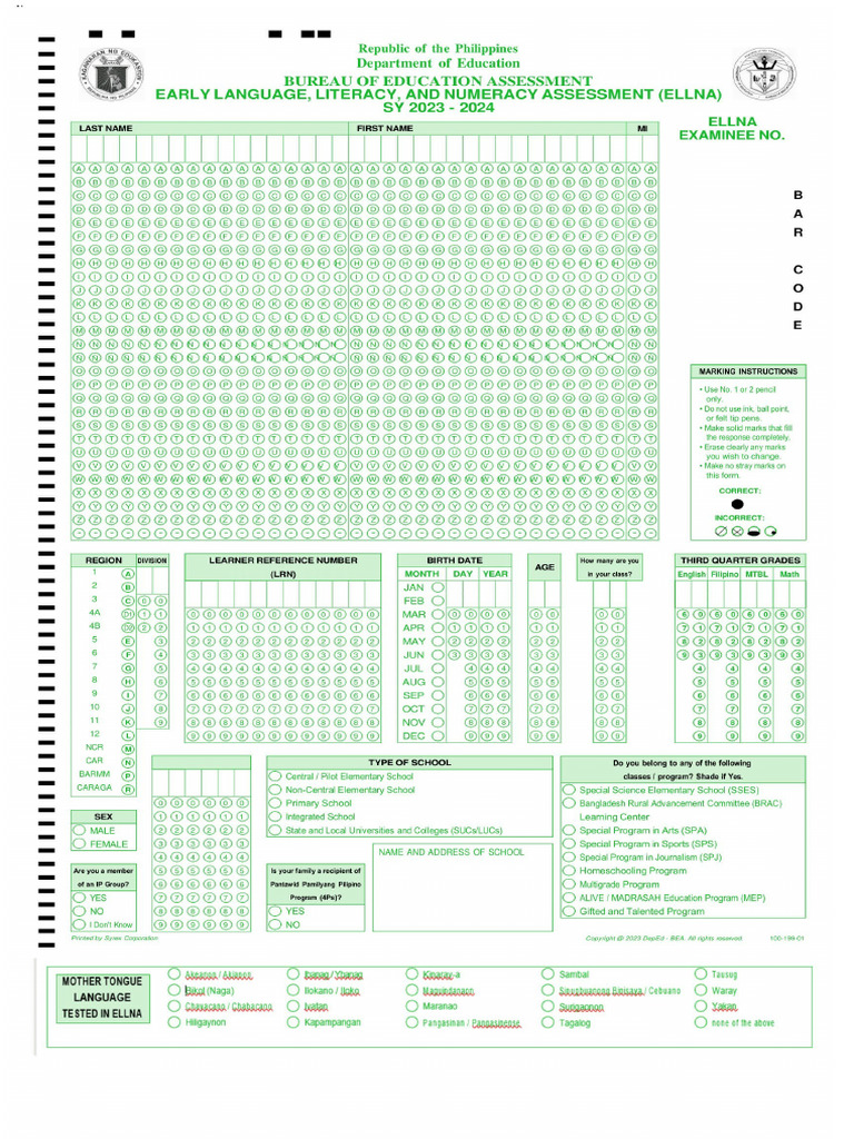 Answer Sheet Ellna Grade 3 | PDF