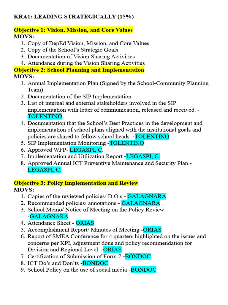 KRA1 - 7 Objectives - MOVs | PDF