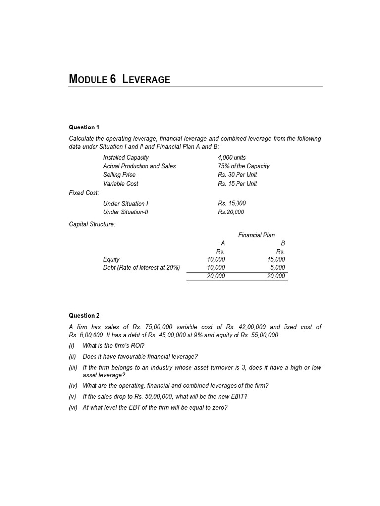 Module 6 Leverage Questions | PDF | Leverage (Finance) | Equity (Finance)