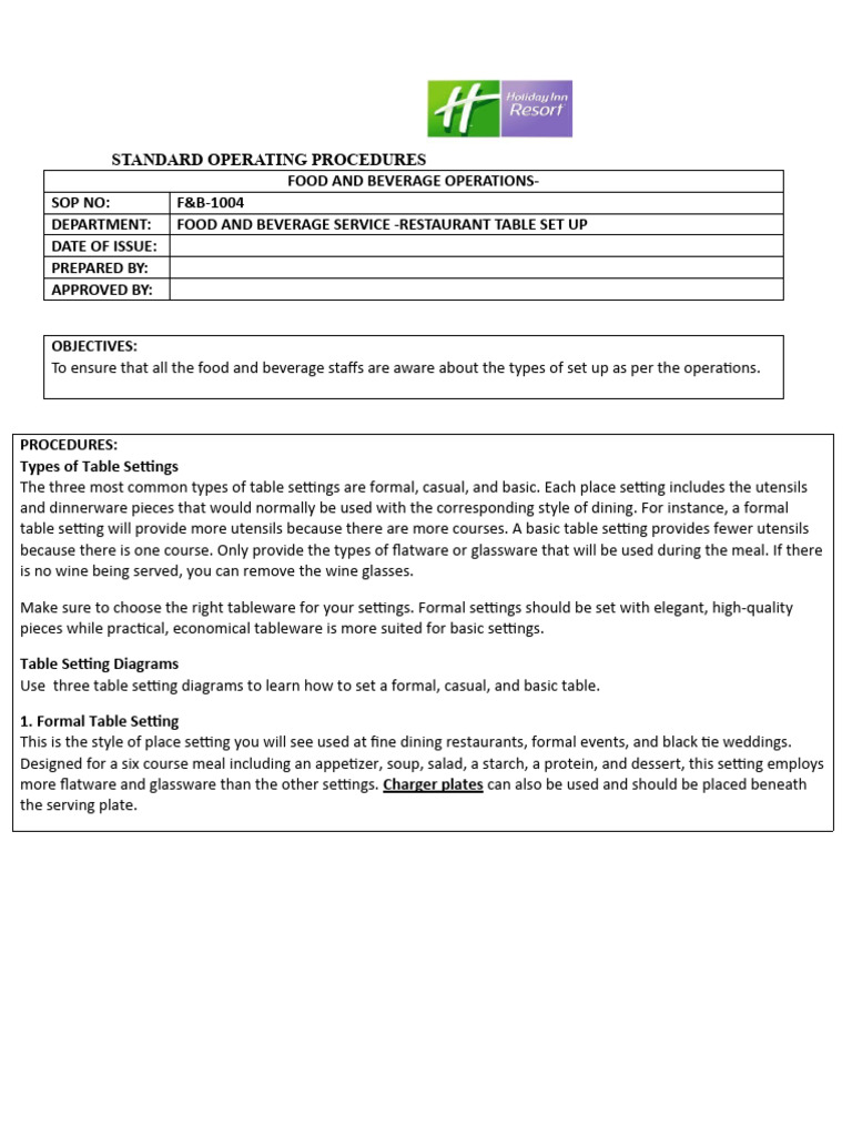 Restaurant Table Setup Procedures | PDF | Tableware | Cuisine