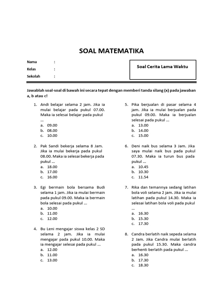 Soal MTK Cerita Lama Waktu Kelas 3 SD Lembar 1 | PDF | Griya & Taman