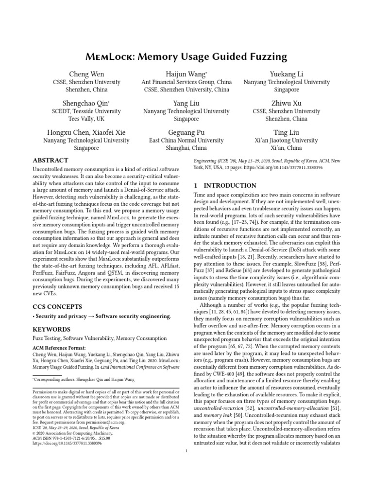 2020MemLock - Memory Usage Guided Fuzzing | PDF | Computer Programming | Computing