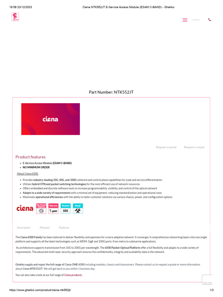 Ciena NTK552JT E-Service Access Module (ESAM C-BAND) - Ghekko | PDF | Computer Network ...