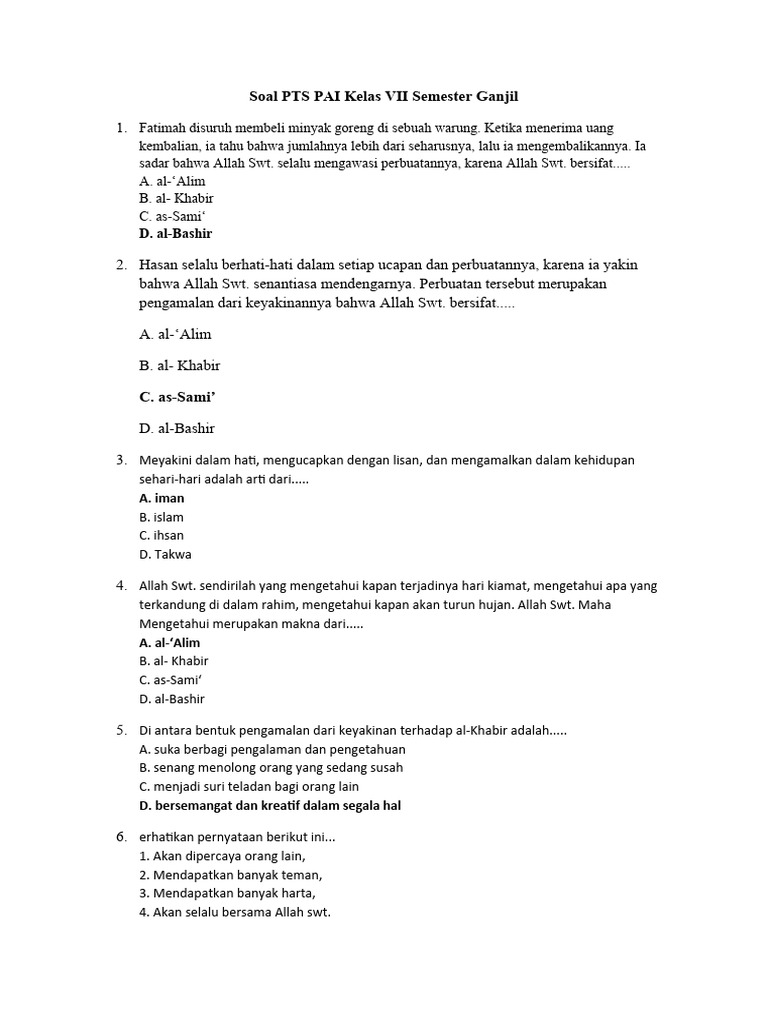 1 2023 Soal PTS PAI Kelas VII Semester 1 | PDF