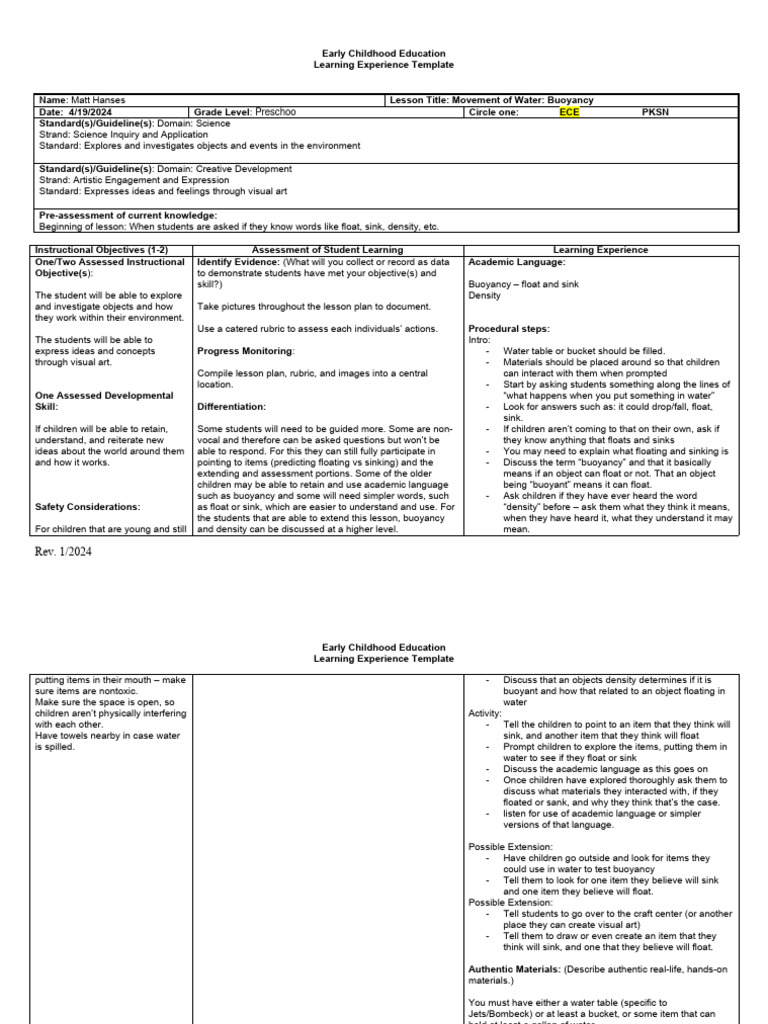 Water Movement Lesson Plan | PDF | Buoyancy | Rubric (Academic)