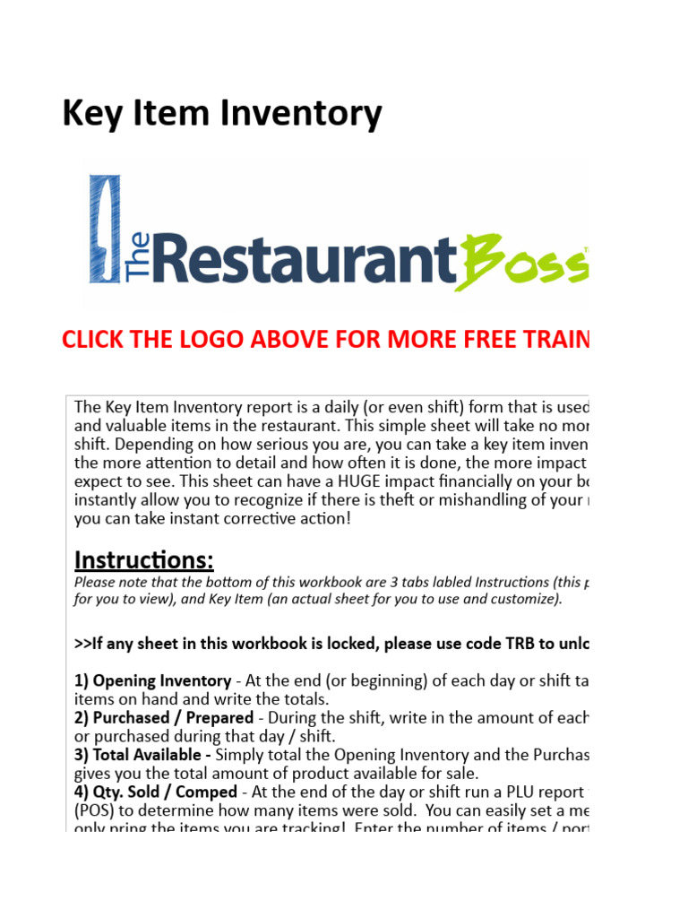 The Restaurant Boss Toolkit Key Item Inventory | PDF