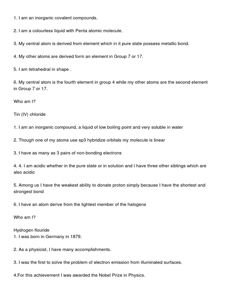 NSMQ Riddles | PDF | Chemical Bond | Atoms