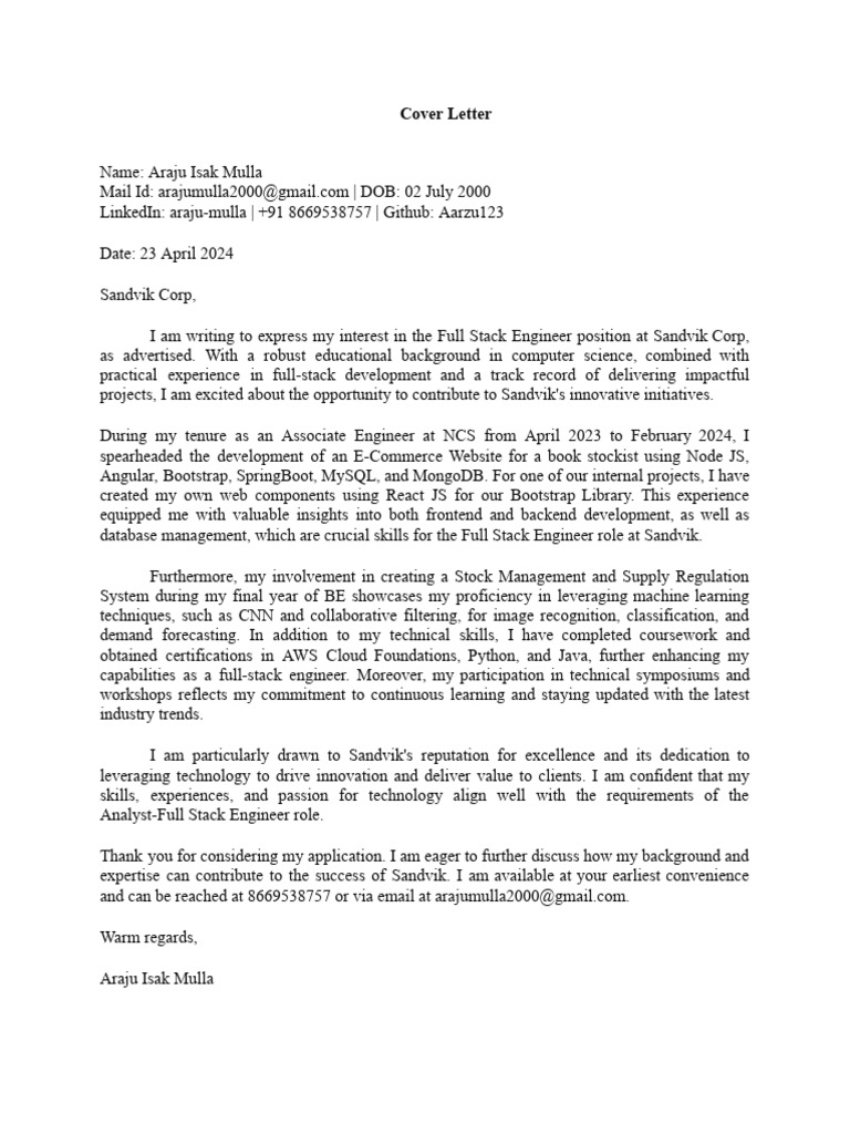 Cover Letter - Full Stack Position | PDF | Computers