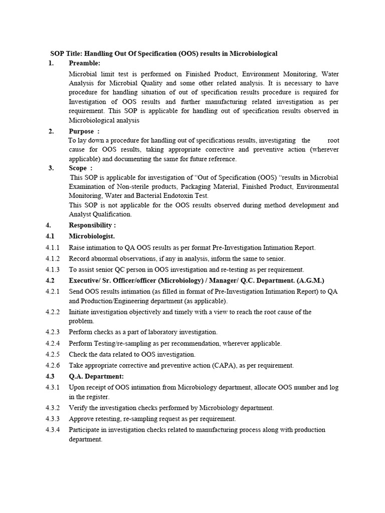Draft Atta I Handling Out of Specification (OOS) Results in Microbiological Analysis | PDF ...