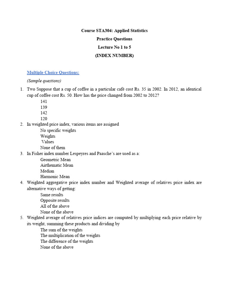 STA304 Practice Questions Lecture 1-5 | PDF | Cost Of Living | Price Indices