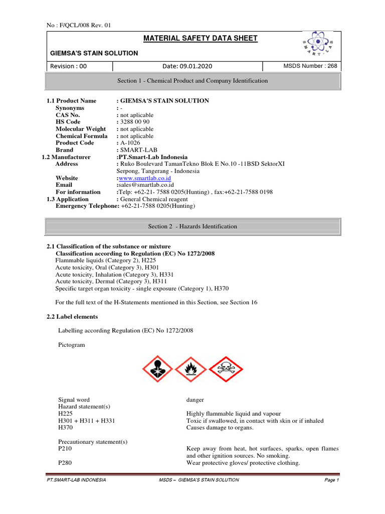 MSDS Giemsas Solution | PDF | Toxicity | Chemistry