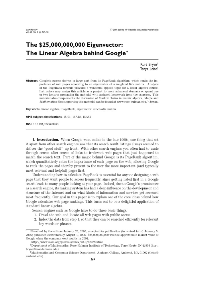 Linear Algebra in Google's PageRank | PDF | Eigenvalues And ...