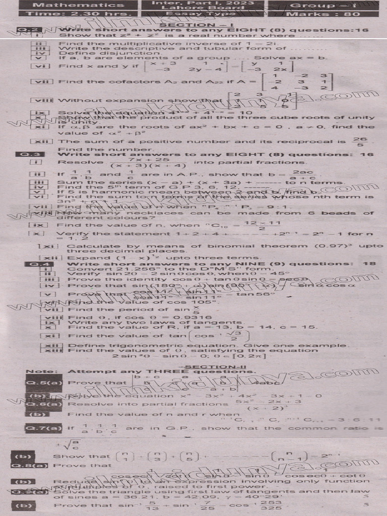 Past Paper 2023 Lahore Board Inter Part I Mathematics Group I ...