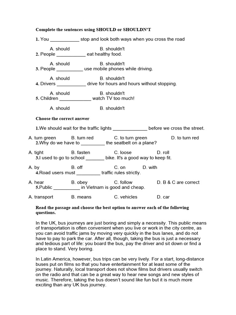 Complete The Sentences Using SHOULD or SHOULDN | PDF | Traffic | Bus