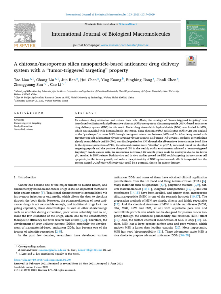 A Chitosan-Mesoporous Silica Nanoparticle-Based Anticancer Drug Delivery System With Targeted ...