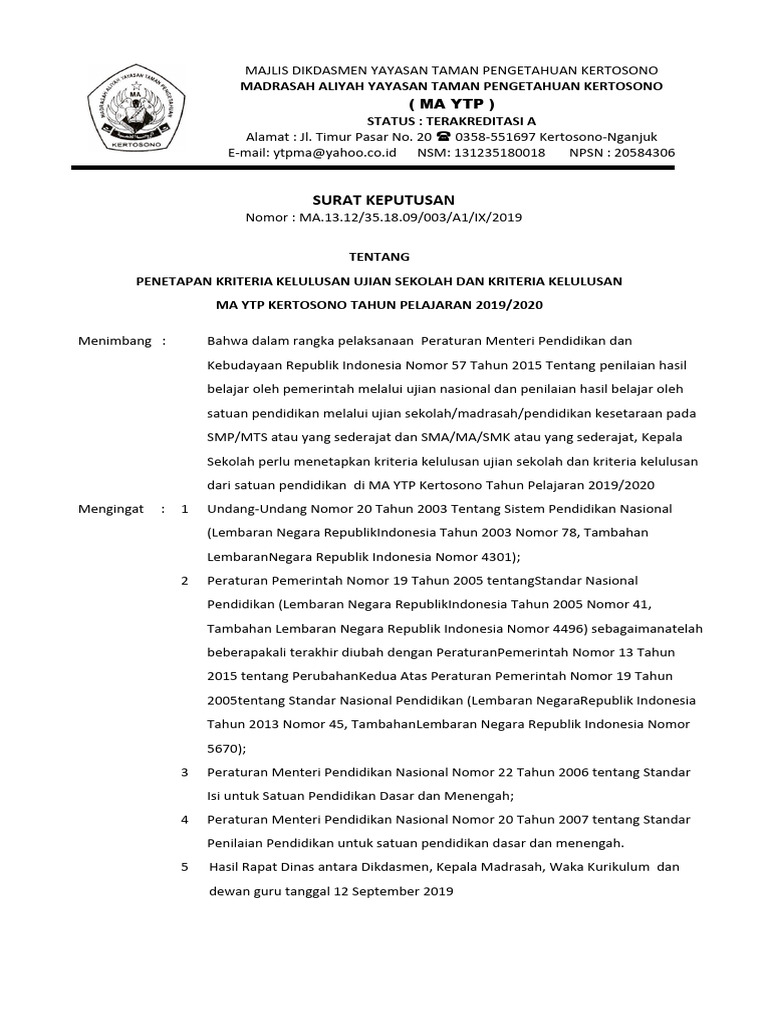 Kriteria Kelulusan MA YTP Kertosono 2019/2020 | PDF
