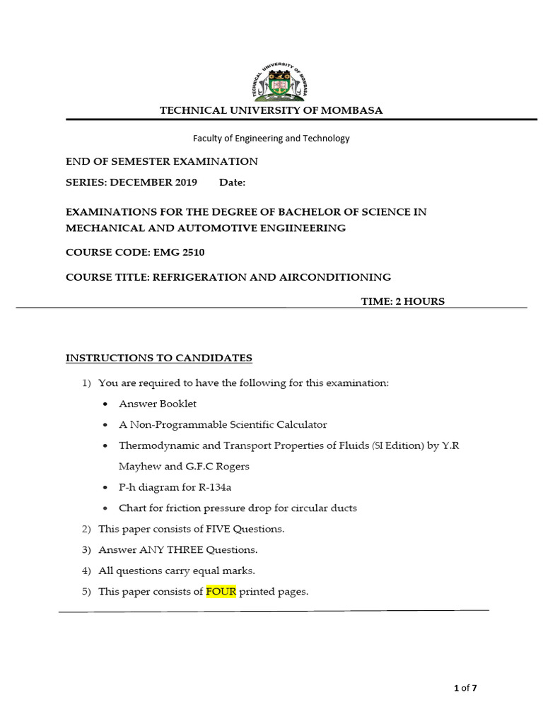 Dec 2019 End of Semester Exam | PDF | Humidity | Duct (Flow)
