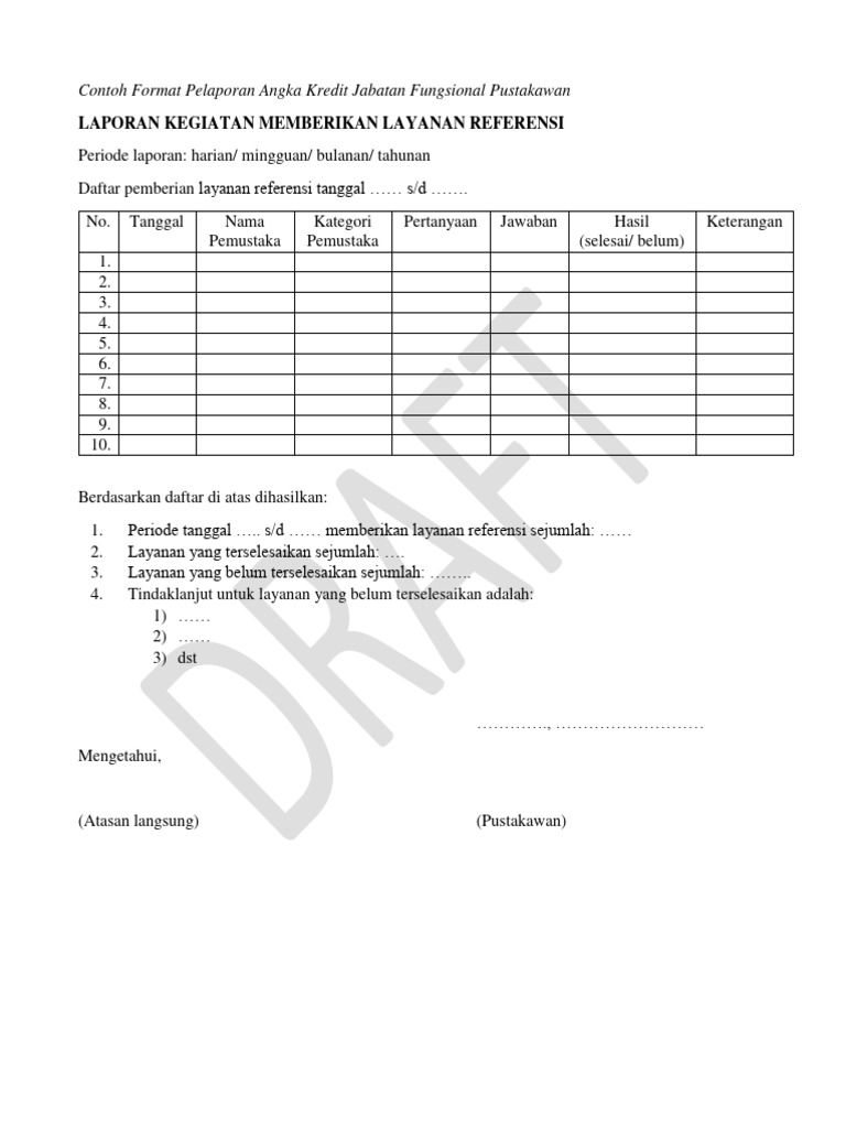 Contoh Format Pelaporan Angka Kredit Jabatan Fungsional Pustakawan | PDF