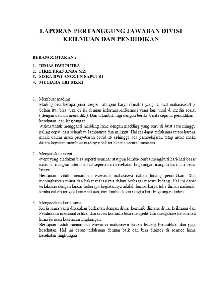Laporan Pertanggung Jawaban Divisi Keilmuan Dan Pendidikan | PDF