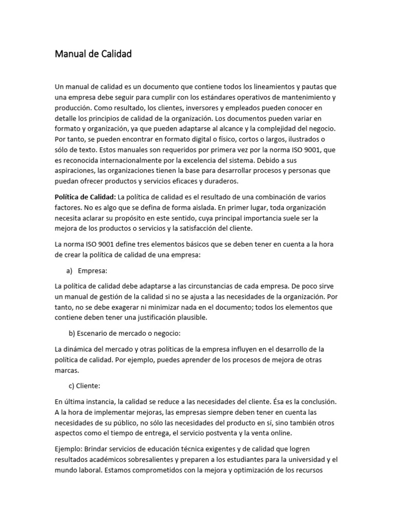 Manual de Calidad | PDF | Calidad (comercial) | Gestión de la calidad