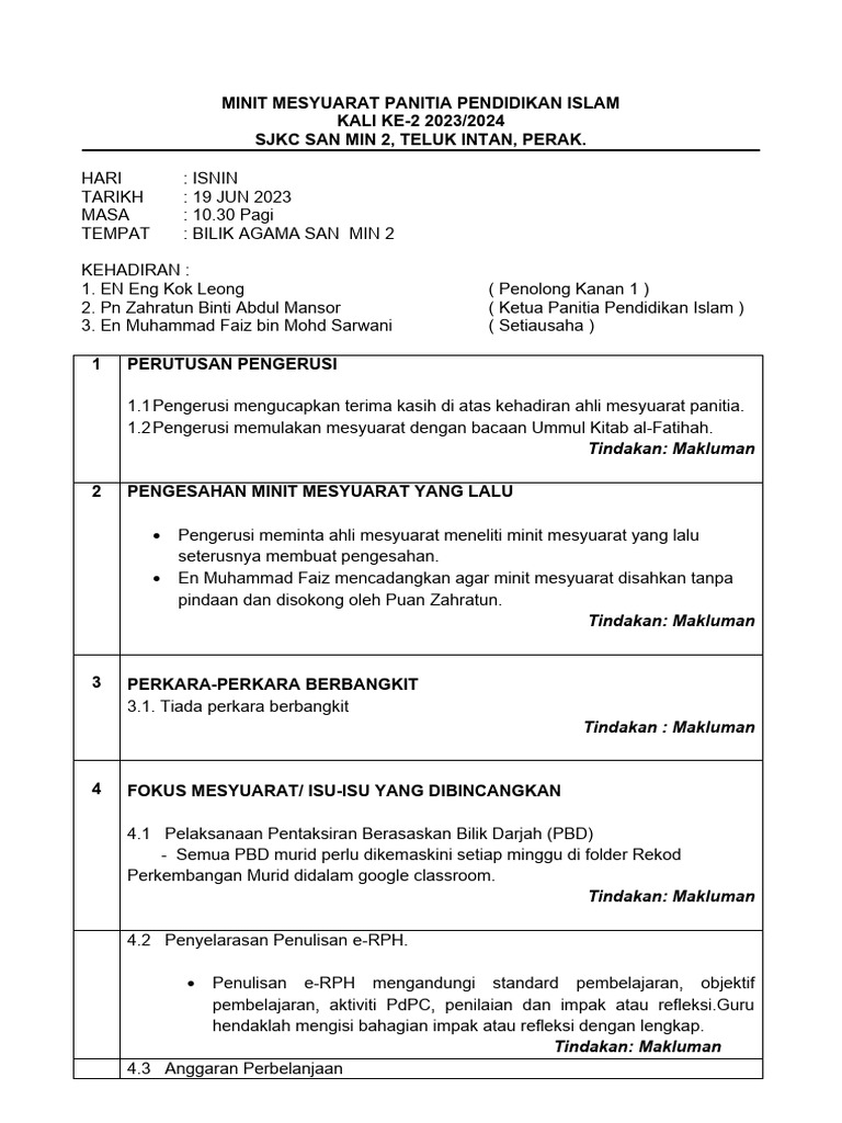 Minit Mesyuarat Panitia Pendidikan Islam Kali Ke-2 2023 | PDF
