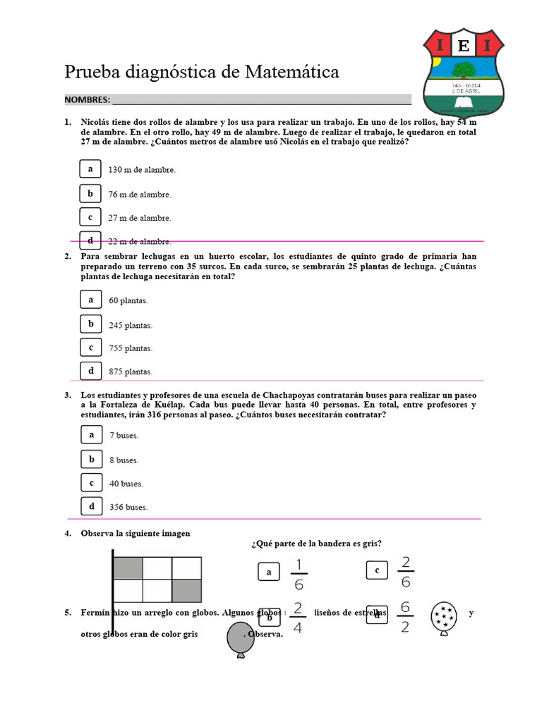Prueba Diagnóstica de Matemática 5to Grado | PDF