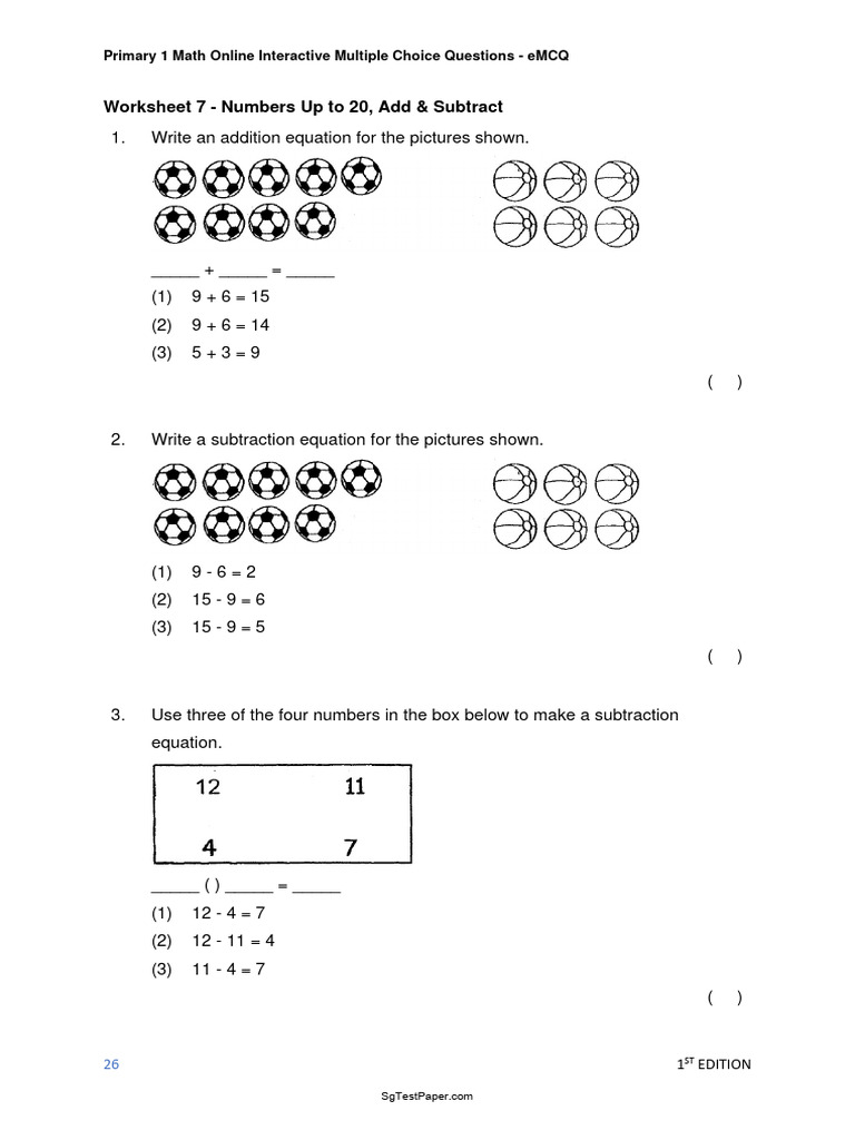 Primary 1 Math MCQ Worksheets7 8 | PDF | Multiplication | Multiple Choice