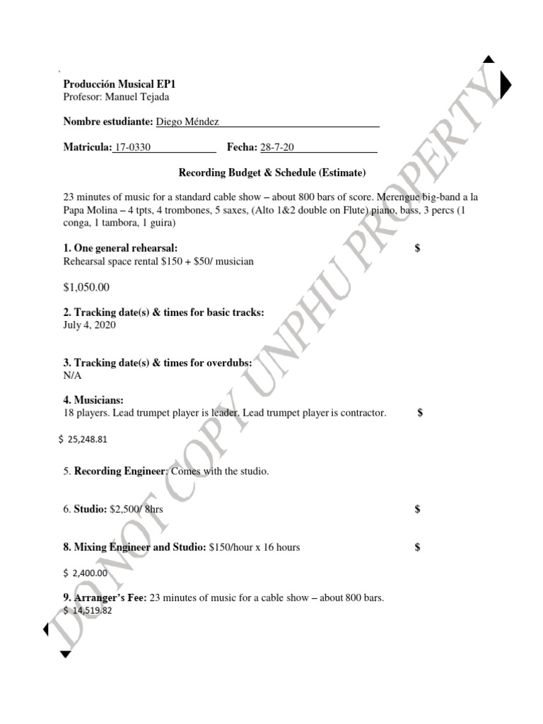 Diego Mendez 17-0330 Producción Musical EP1 - Recording Schedule (Julio ...
