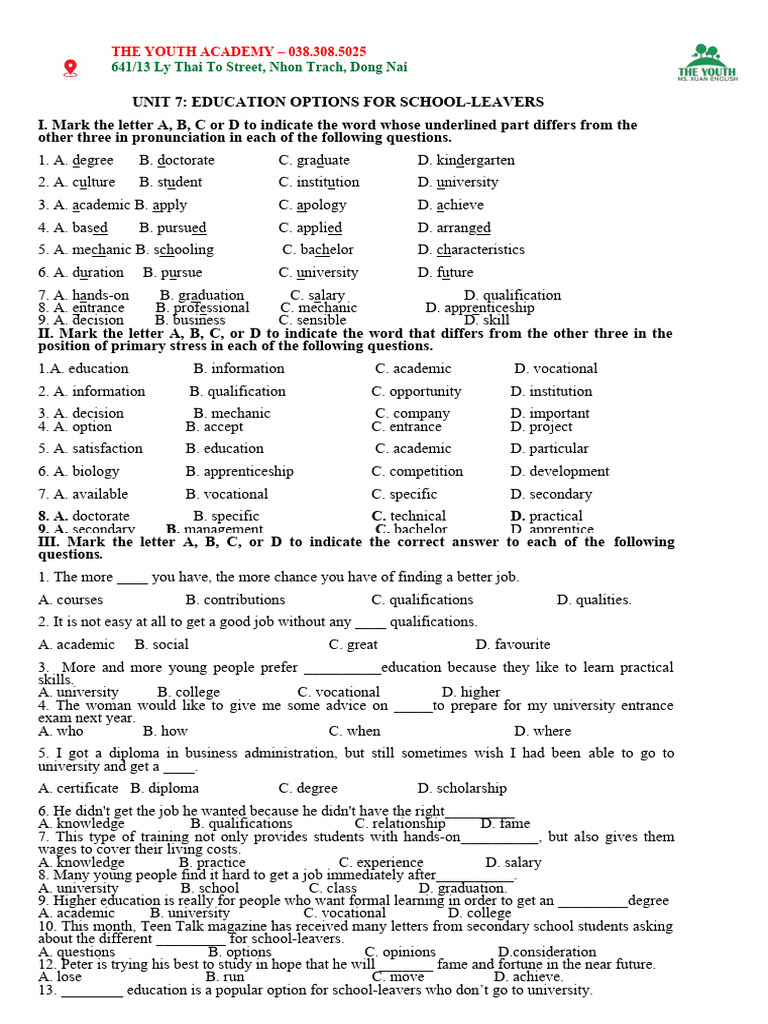 Anh 11 Unit 7 Education Options For School Leavers | PDF | Cost Of Living | Vocational Education