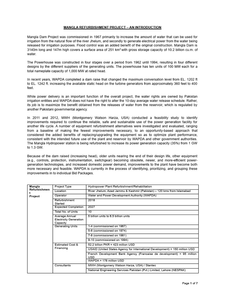 MANGLA REFURBISHMENT PROJECT SALIENT FEATURES | PDF | Hydroelectricity ...
