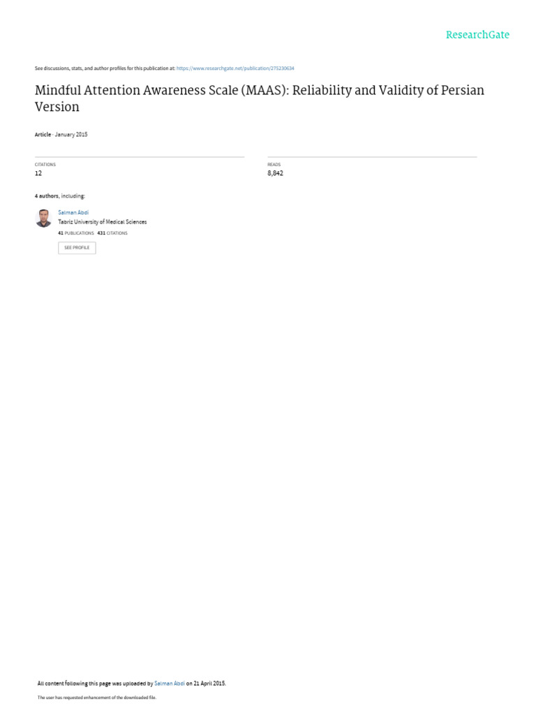 Mindful Attention Awareness Scale MAASReliabilityand Validity | PDF ...