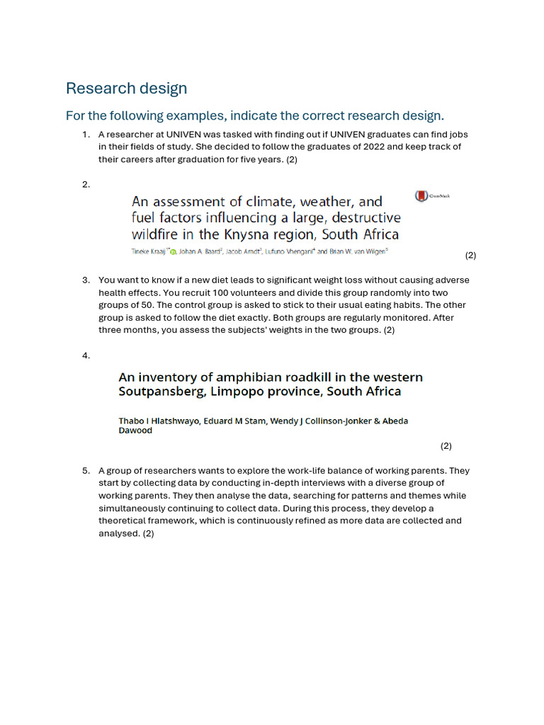 Research Design: For The Following Examples, Indicate The Correct ...