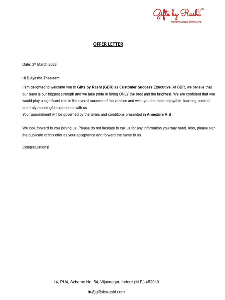 Ayesha Thasleem's Offer Letter | PDF | Justice | Crime & Violence